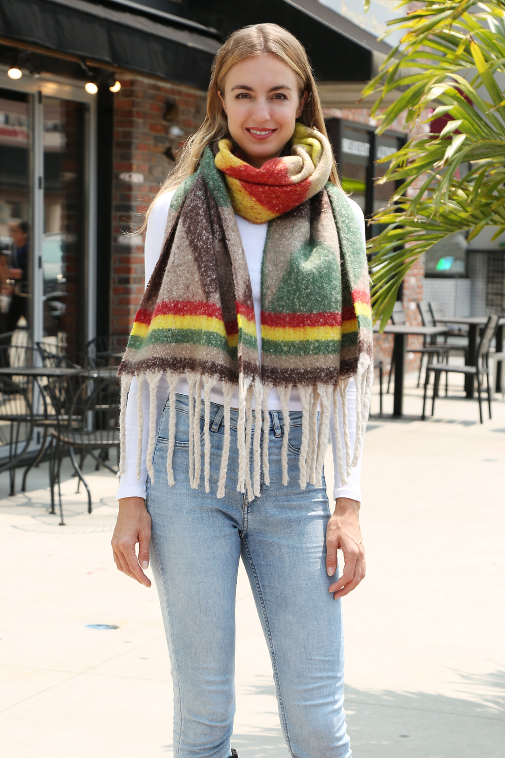 Multi-Colored Geometric Pattern Oblong Scarf W/ Fringe – COMFYLUXE