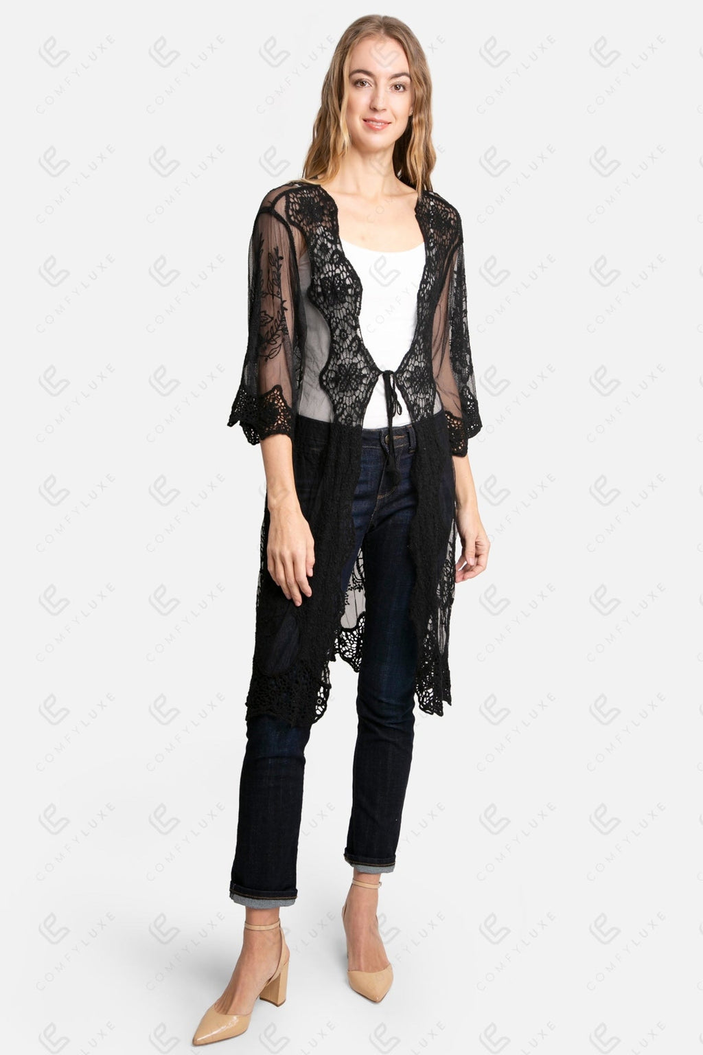 Peacock Pattern Long Lace & Crocheted Cover-Up W/ Tie-Knot Closure ...